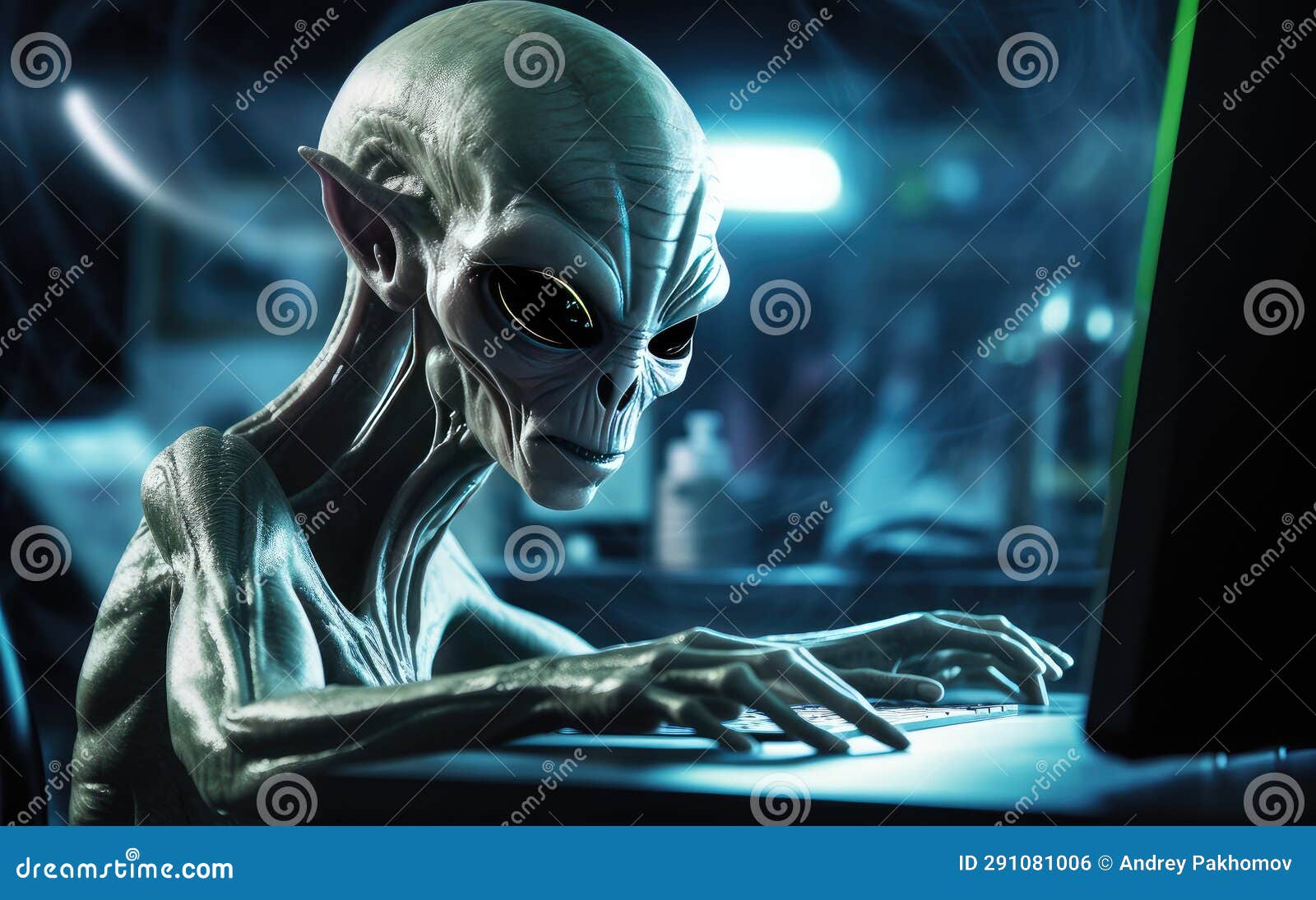 Alien Hacker at a Laptop Cracking a Digital Code. Cyber Attacks ...