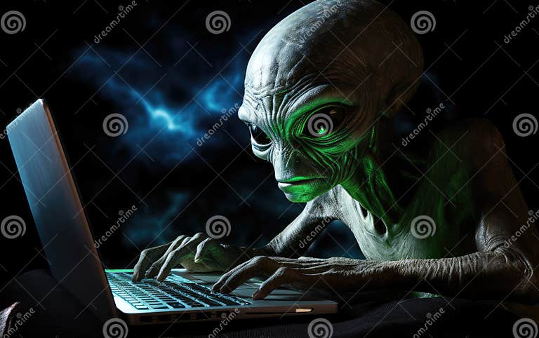 Alien Hacker at a Laptop Cracking a Digital Code. Cyber Attacks ...