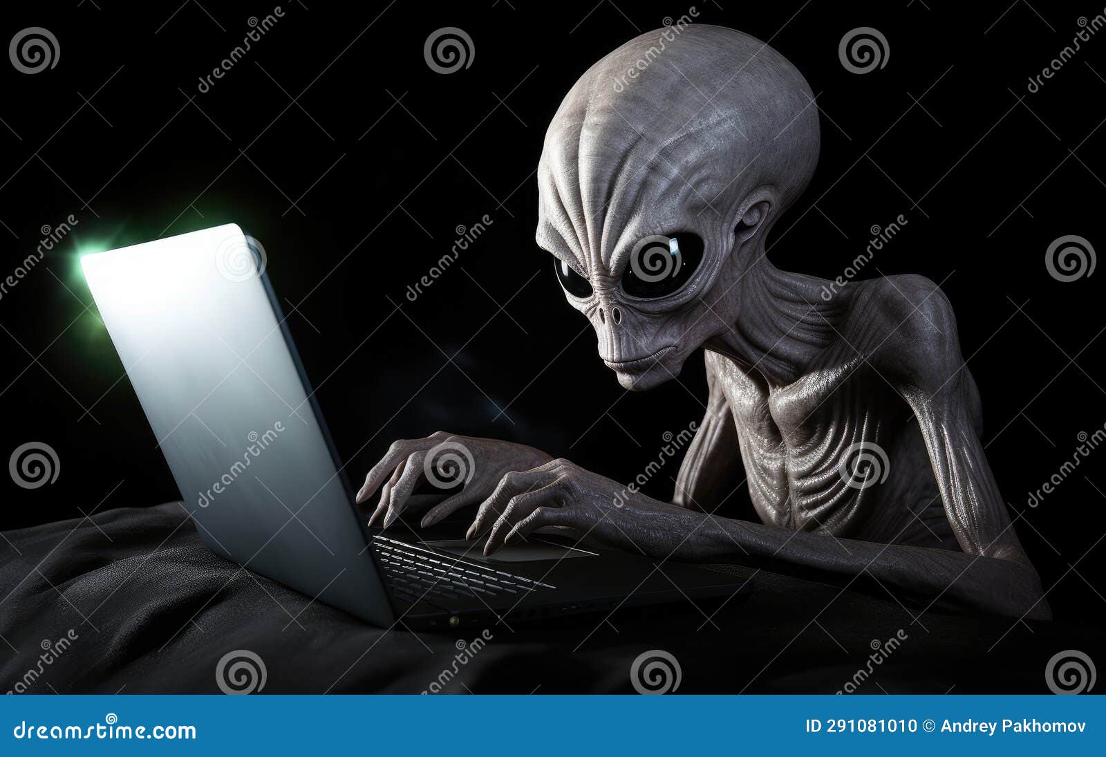 Alien Hacker Sitting At A Cafe On Their Laptop. Ai Generated. Royalty ...