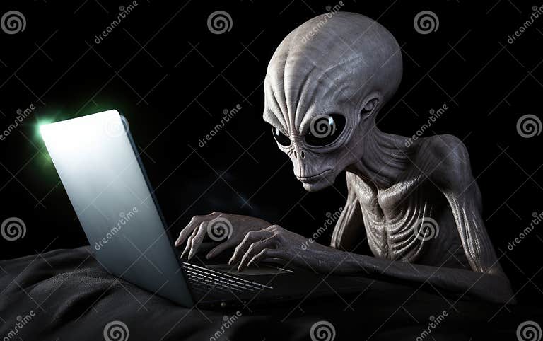 Alien Hacker at a Laptop Cracking a Digital Code. Cyber Attacks ...