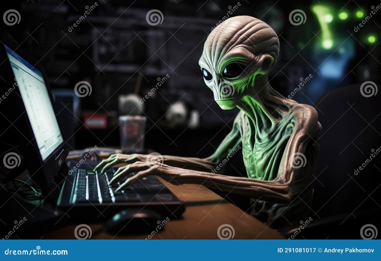 Alien Hacker Sitting At A Cafe On Their Laptop. Ai Generated. Royalty ...