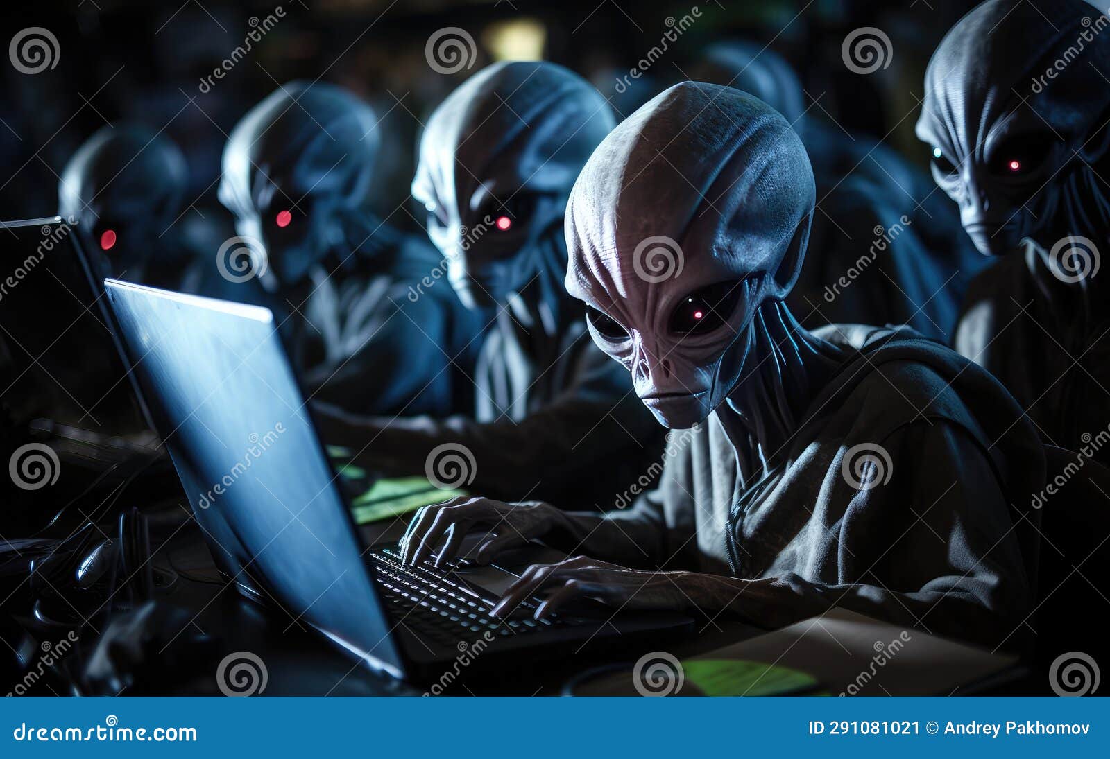 Alien Hacker Sitting At A Cafe On Their Laptop. Ai Generated. Royalty ...