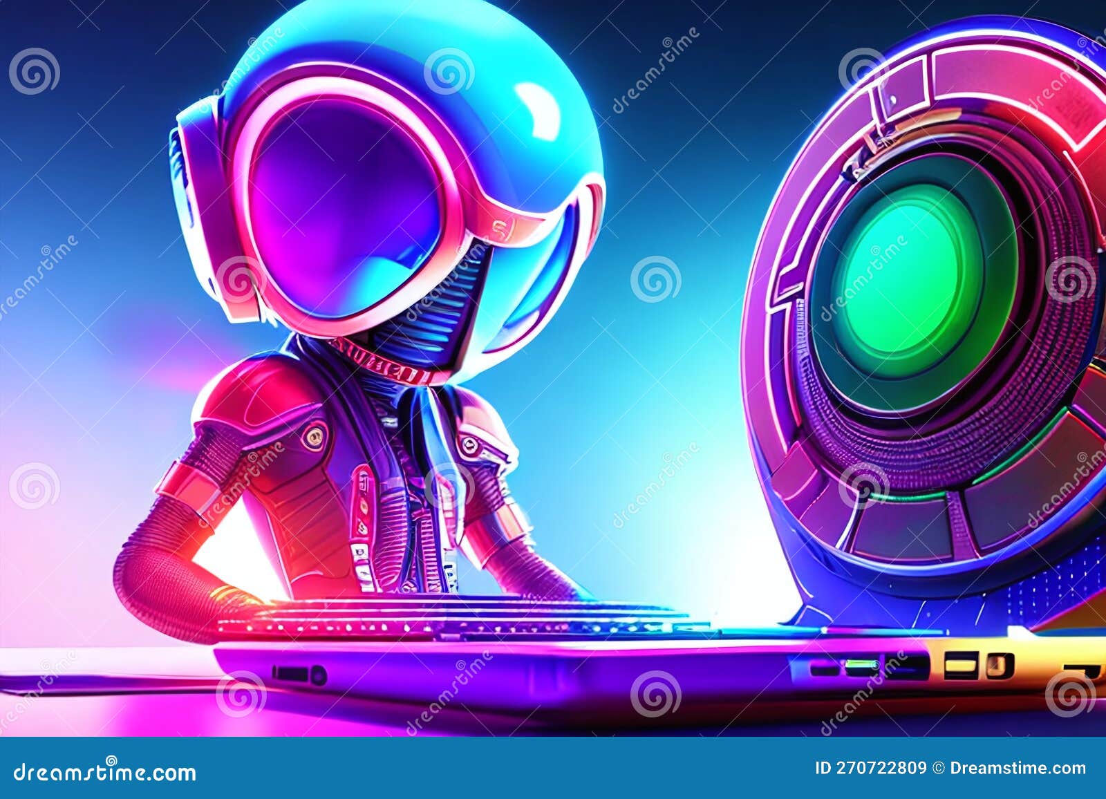 Alien Hacker with Laptop in a Mysterious Environment Stock Illustration ...