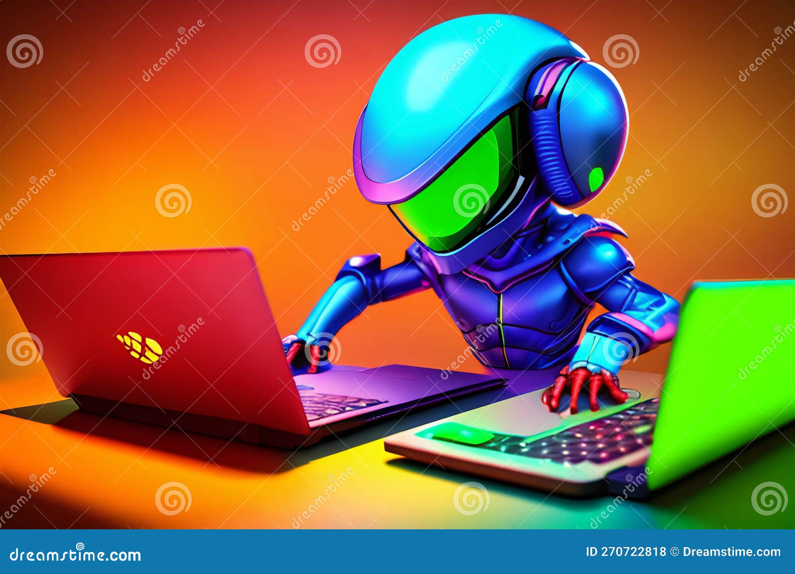 Alien Hacker in a Surreal Landscape with Laptop Stock Illustration ...