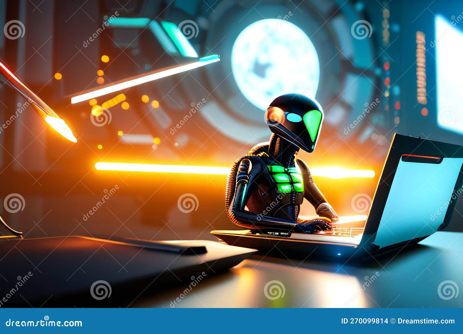 Alien Hacker Typing on Laptop in a Strange World Stock Illustration ...