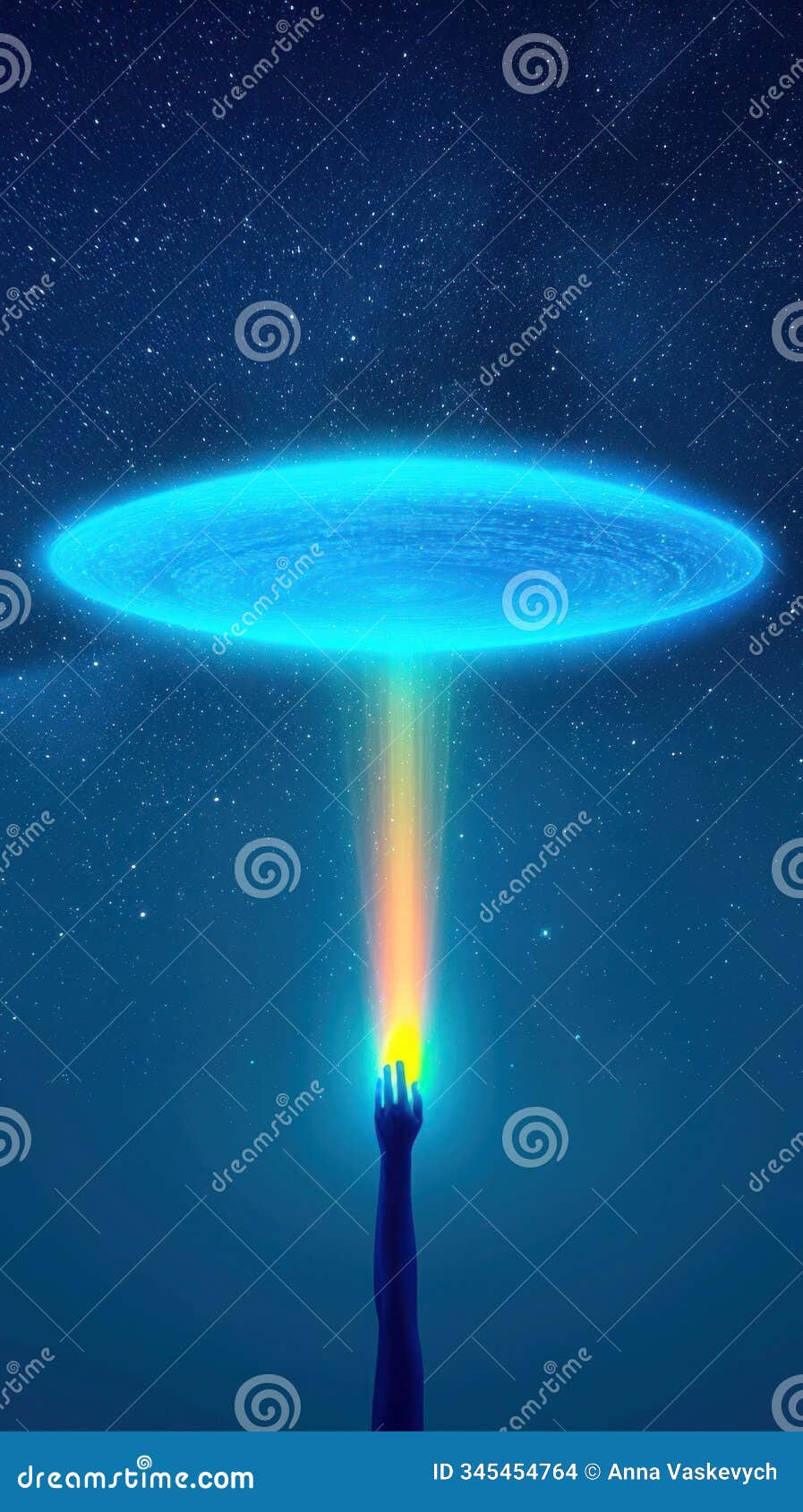 Alien Hand Up UFO Yellow Neon Blue Stock Photo - Image of vibrant ...