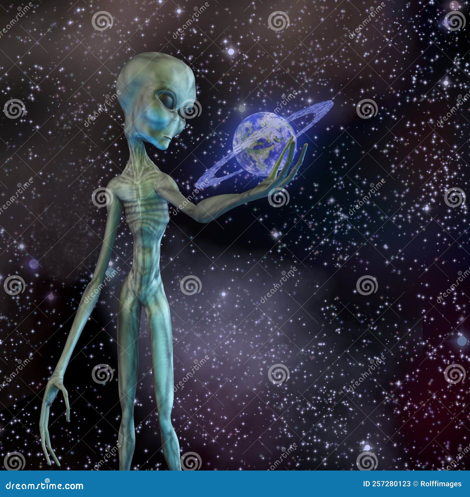 Alien Holding Ringed Planet Stock Illustration - Illustration of hand ...