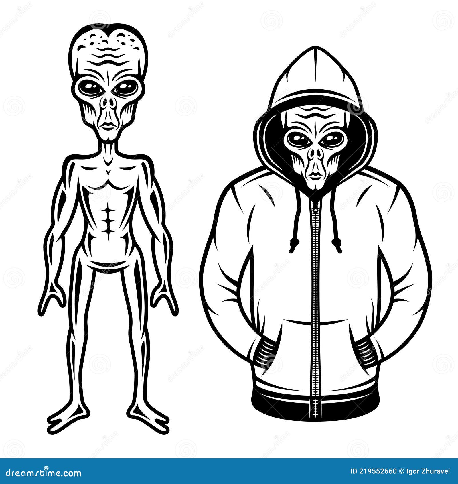 Alien in Hoodie and Full Body Alien Set of Vector Objects or Design ...