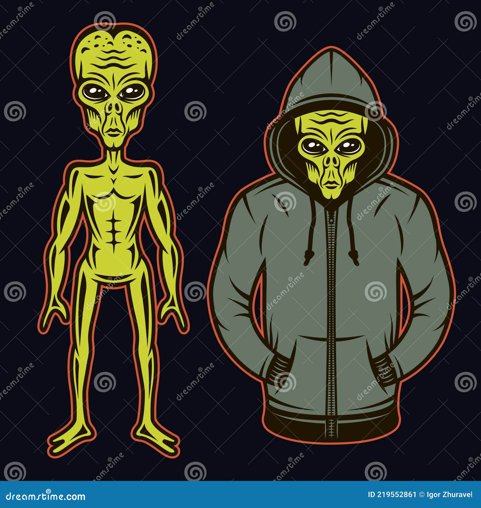 Alien in Hoodie and Full Length Body Alien Set of Vector Objects or ...