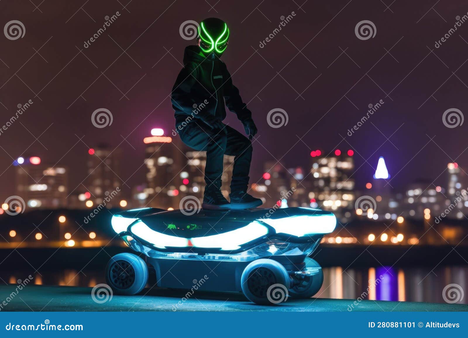 Alien on Hoverboard, with the Lights of the City in the Background ...