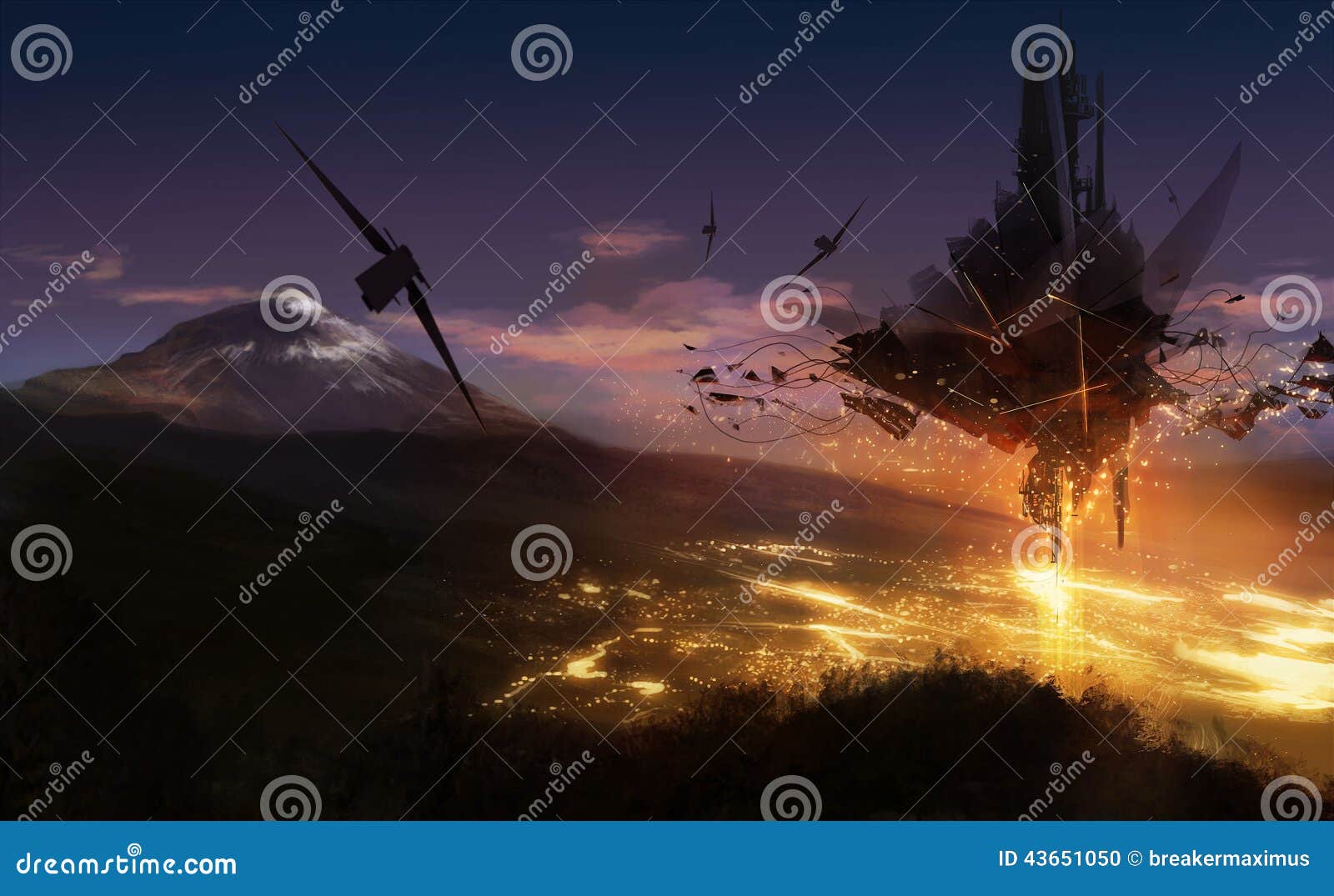Sci-fi Landscape Artwork of Alien Spaceship Invasion. Stock ...
