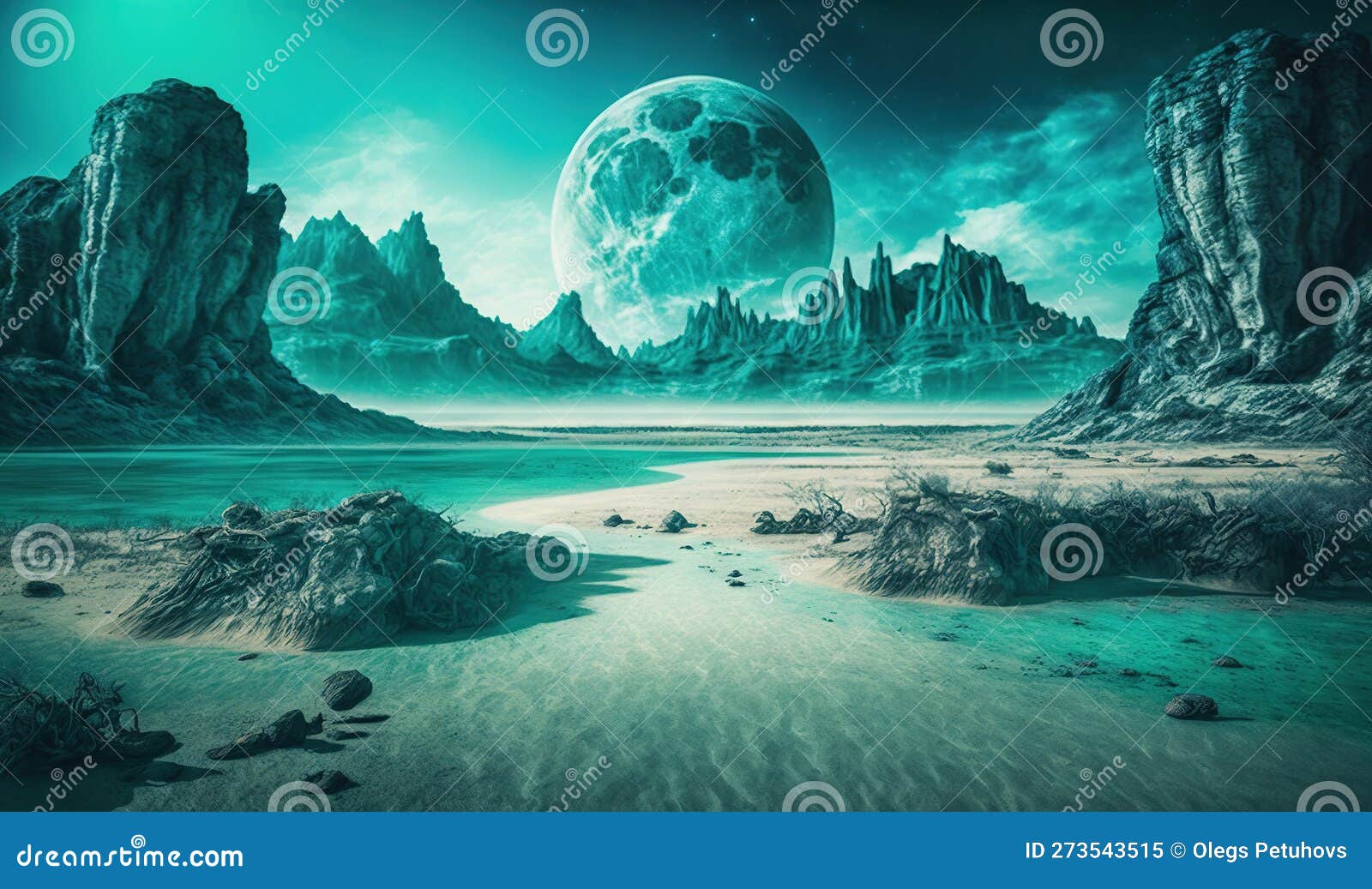 An Alien Landscape with Mountains, Rocks, and a Moon Stock Illustration ...