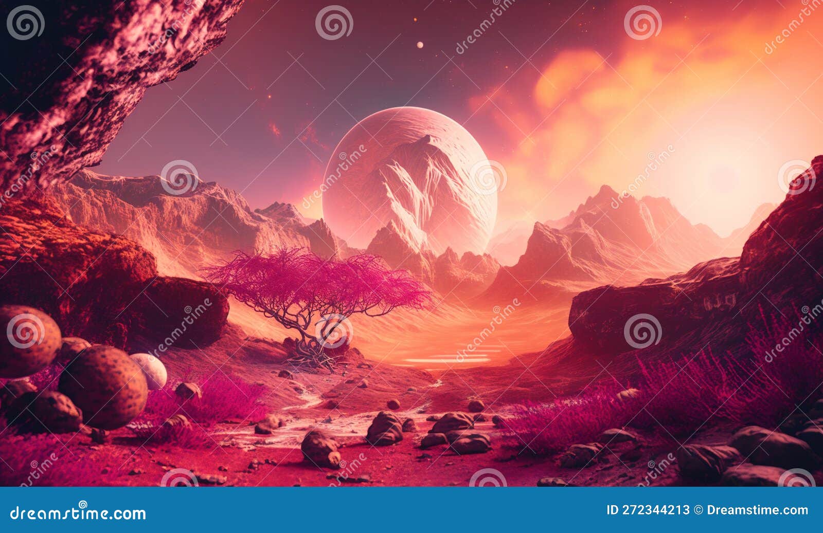 An Alien Landscape with a Pink Tree and Mountains in the Background ...