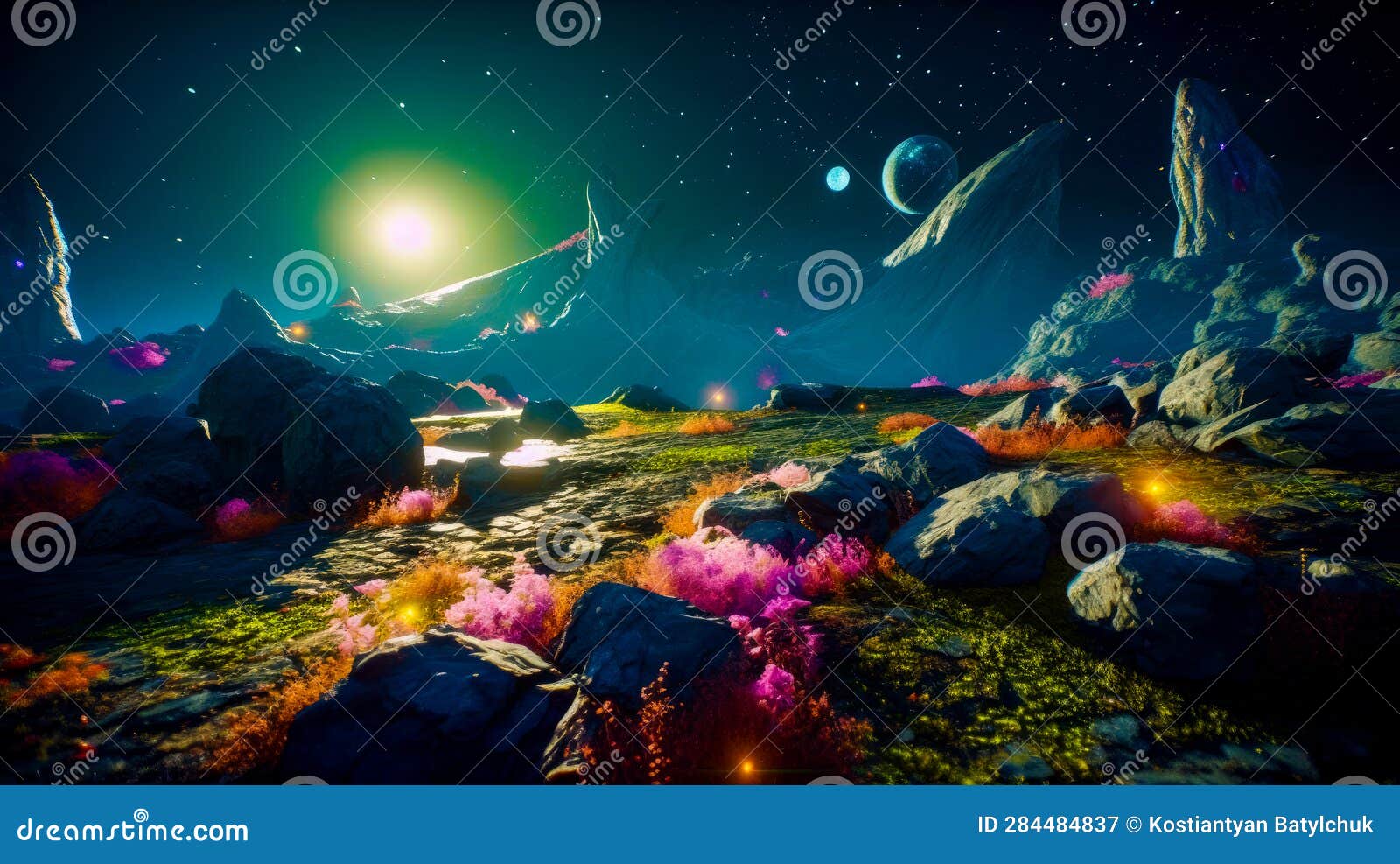 Alien Landscape with Rocks and Plants in the Foreground and Planets in ...