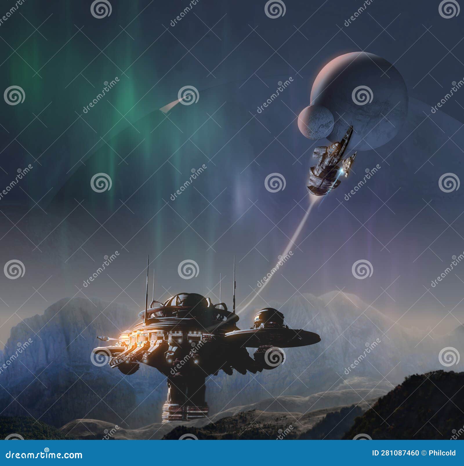 Alien Landscape with Several Planets with Space Station Stock ...