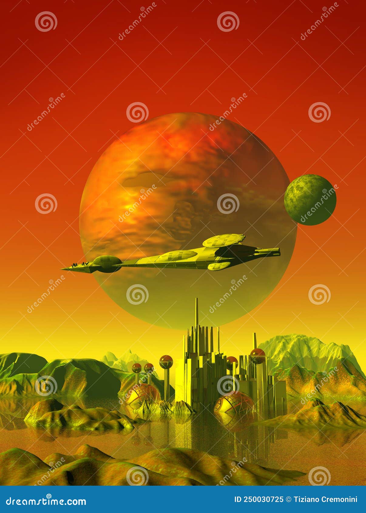 Alien Landscape, Spaceship Exploring a Planet with Sea, Space Base and ...