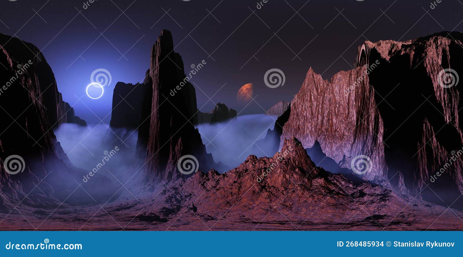 Alien Landscape at Star Rising, HDRI, 3d Rendering Stock Photo - Image ...
