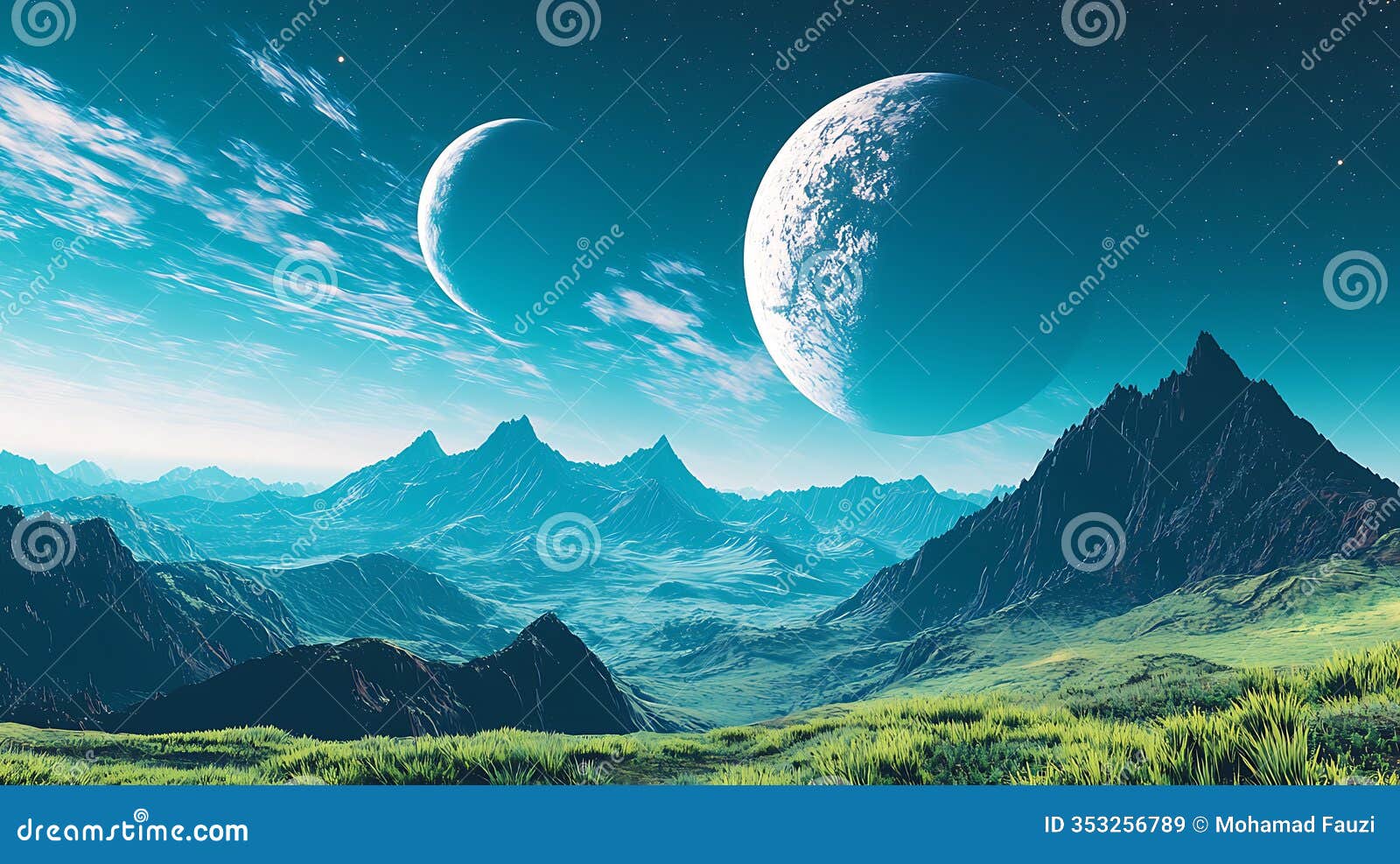 Alien Landscape with Two Planets and Mountain Range Stock Image - Image ...