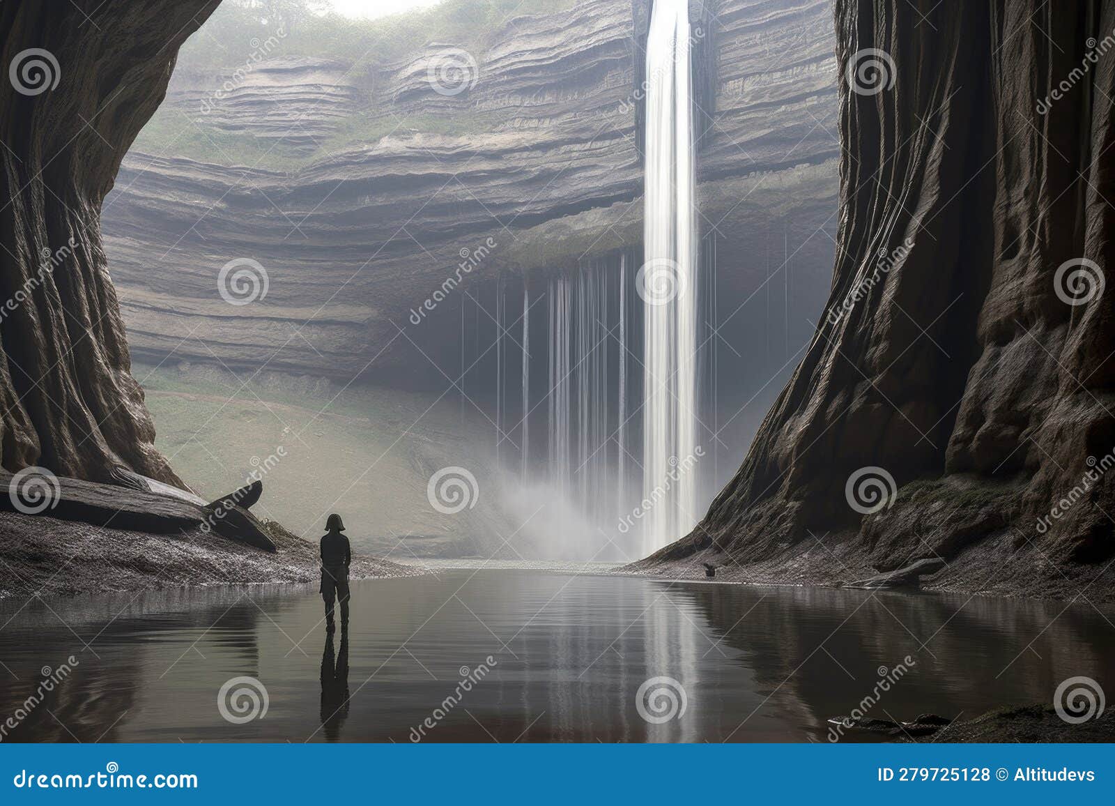 Alien, Looking at Towering Waterfall, with Its Reflection Visible in ...