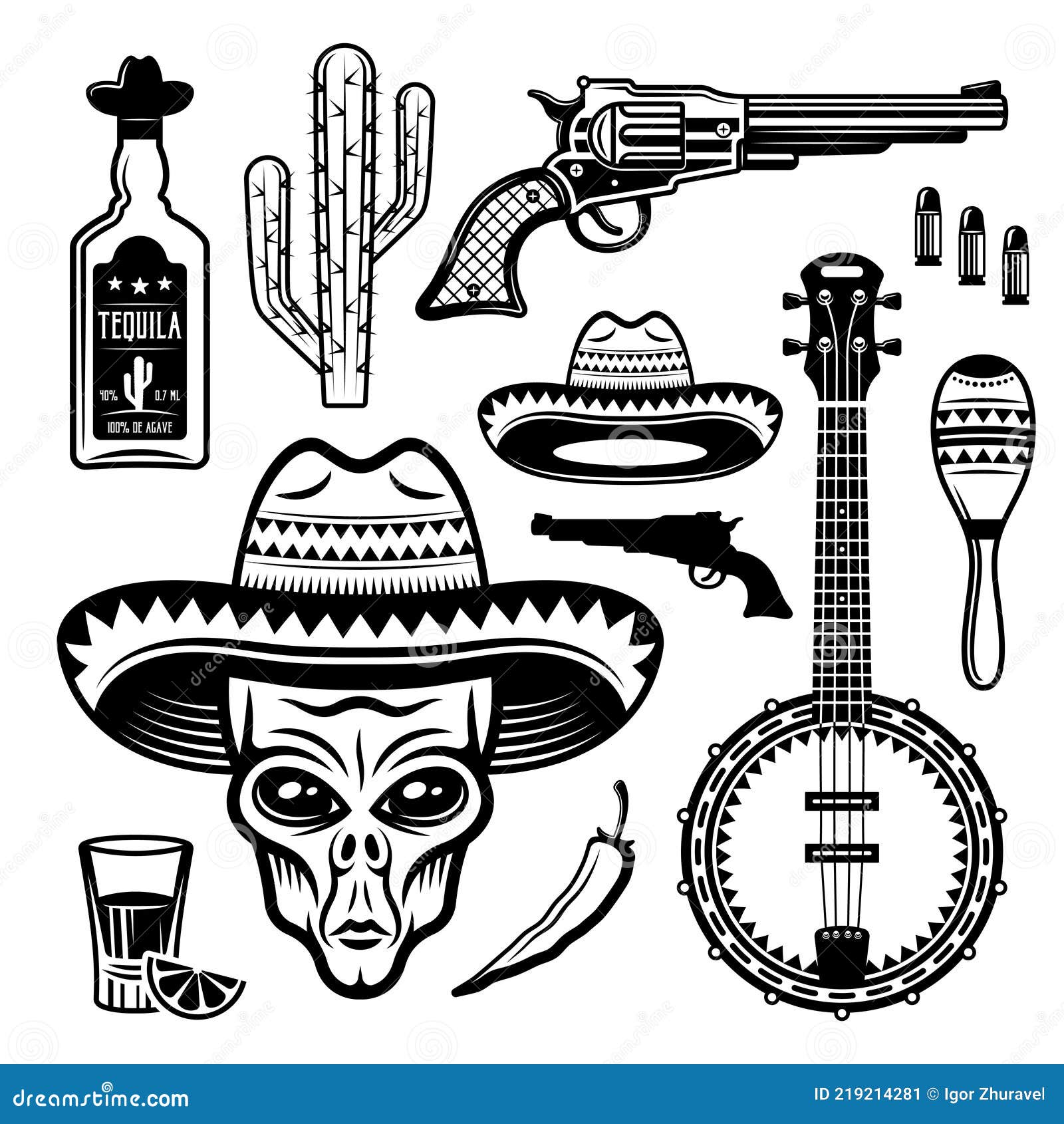 Mexican Bandit Emblem With Skull In Sombrero Vector Illustration ...