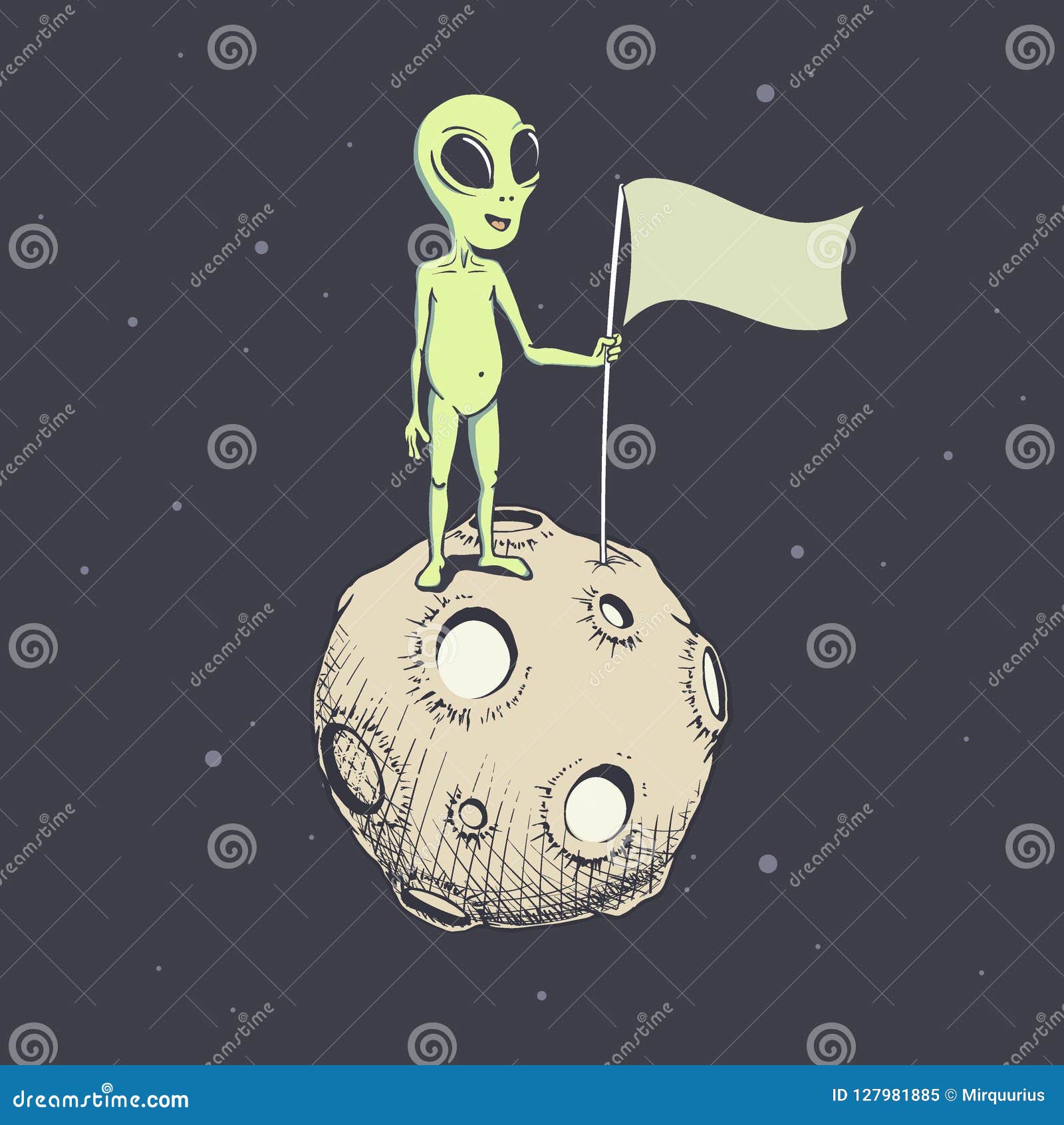 Alien on moon with flag stock vector. Illustration of character - 127981885