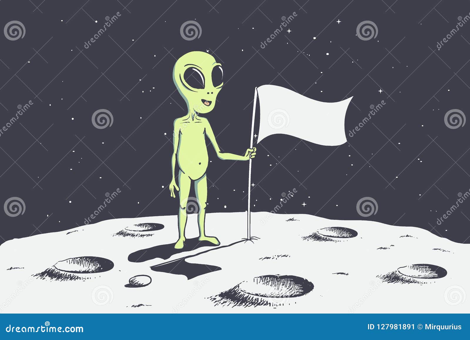 Alien on moon with flag stock vector. Illustration of spacesuit - 127981891