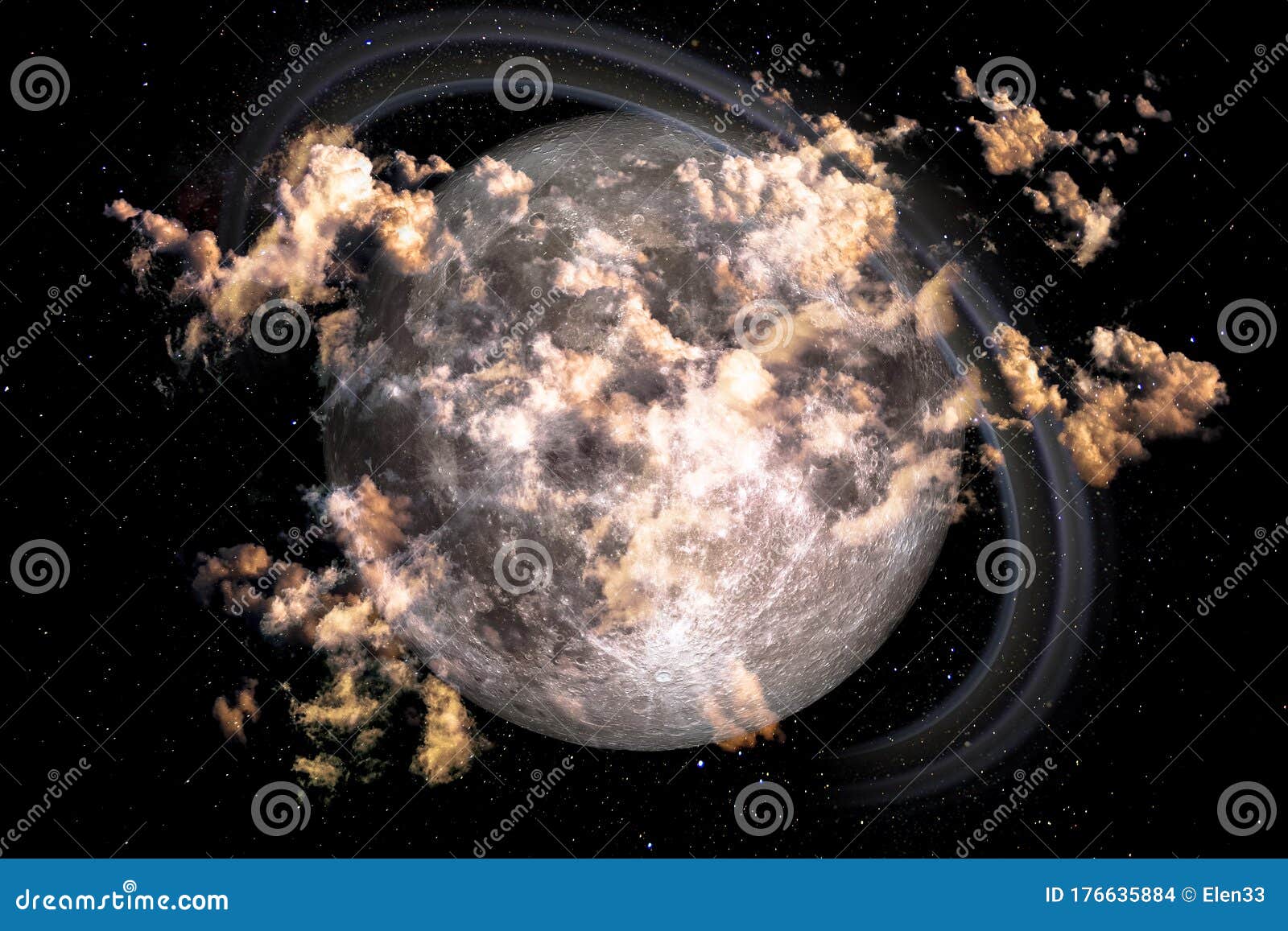 Alien Moon with Rings Around Visible through the Clouds of the ...