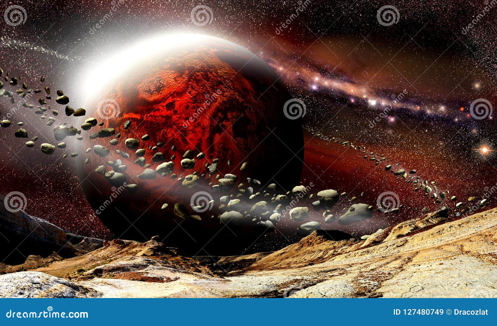 Alien Mountains Landscape with Red Planet Stock Illustration ...