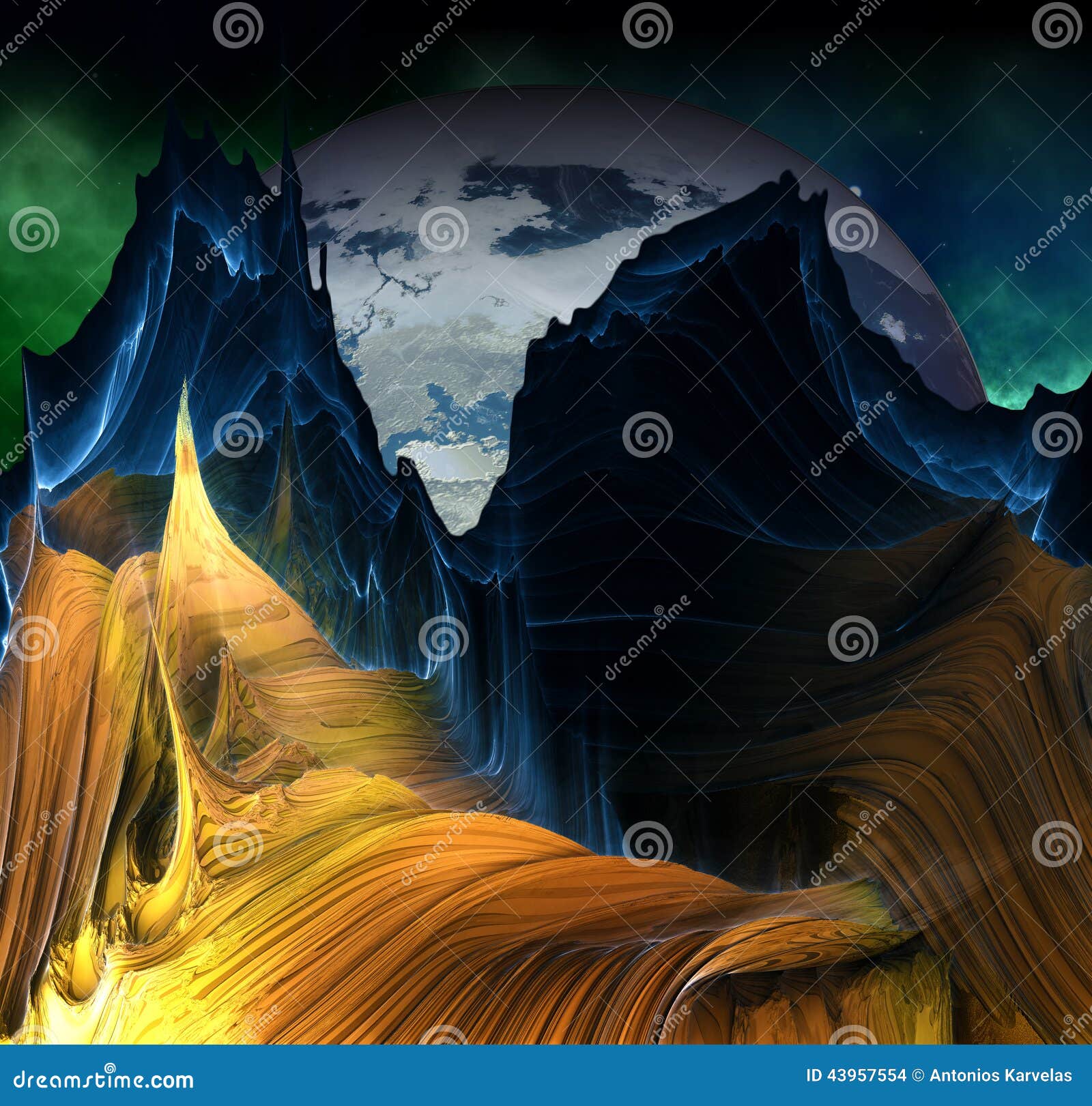 Alien Mountains with Space Background Stock Illustration - Illustration ...