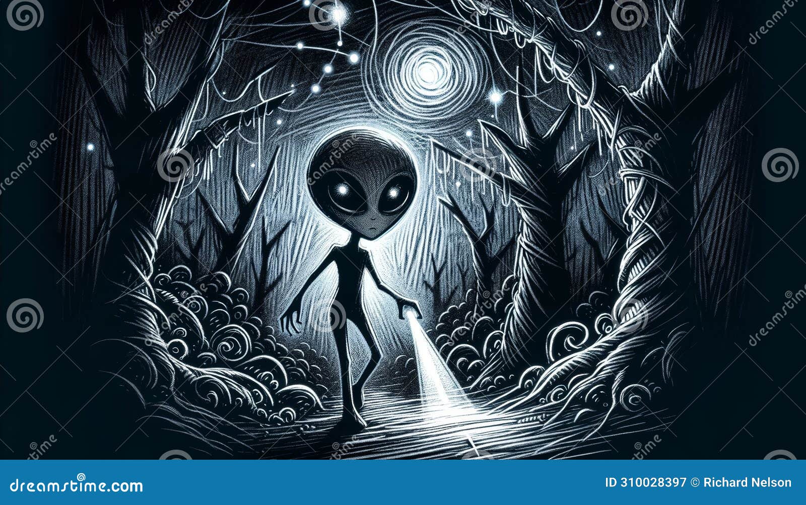 Alien Navigating through Mysterious Forest at Night Stock Illustration ...