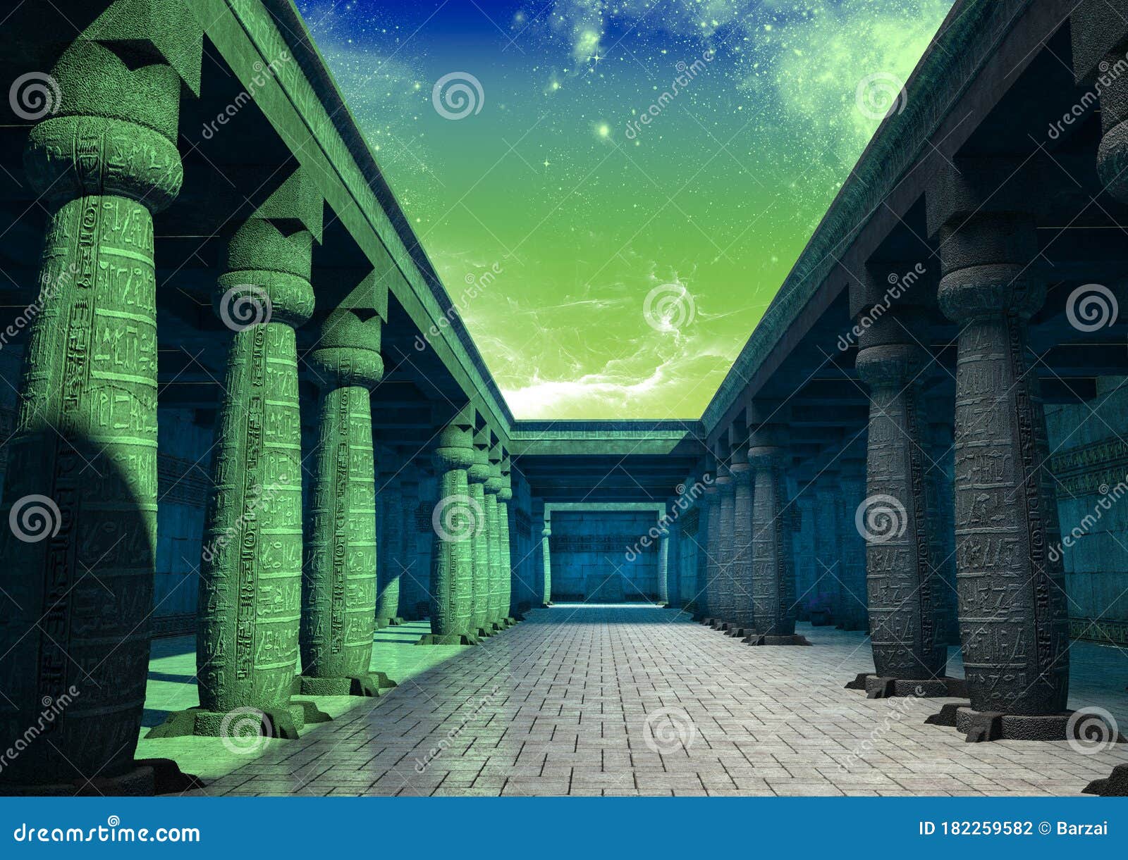 Alien Night Temple Illuminated by the Light of Stars. Stock ...