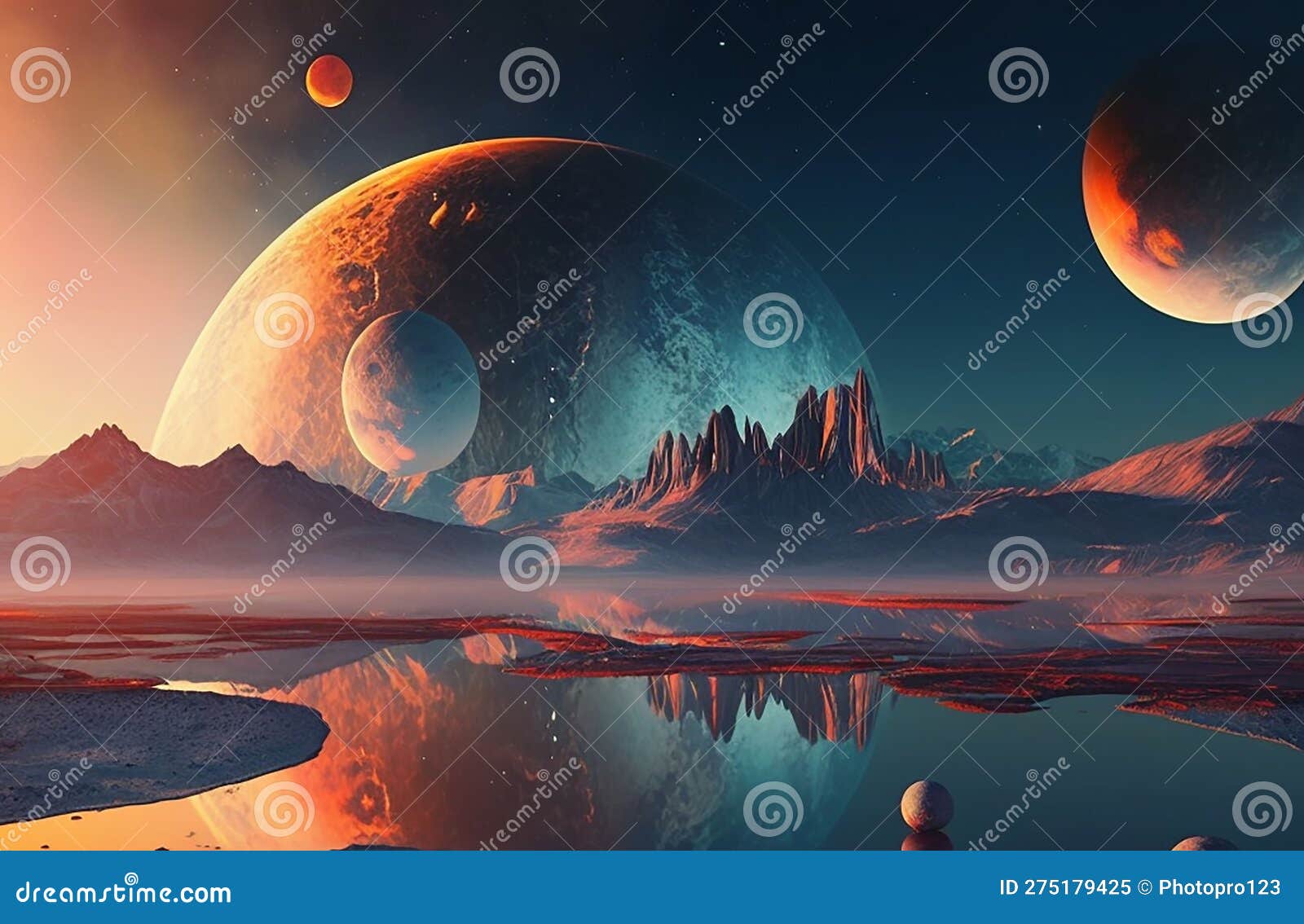 Alien Orange Planet with a Lake and Several Moons Created with ...