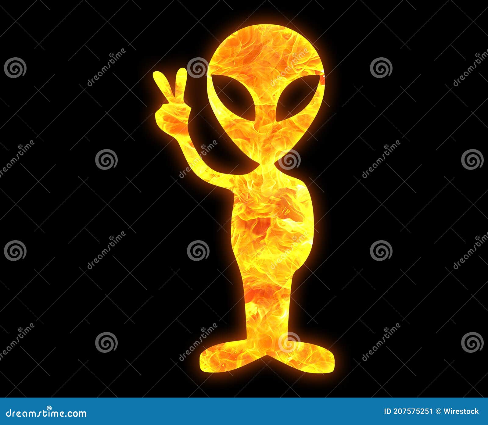 Alien with a Peace Sign Outline with a Bright Fire Pattern Isolated on ...