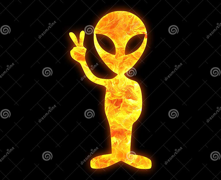 Alien with a Peace Sign Outline with a Bright Fire Pattern Isolated on ...