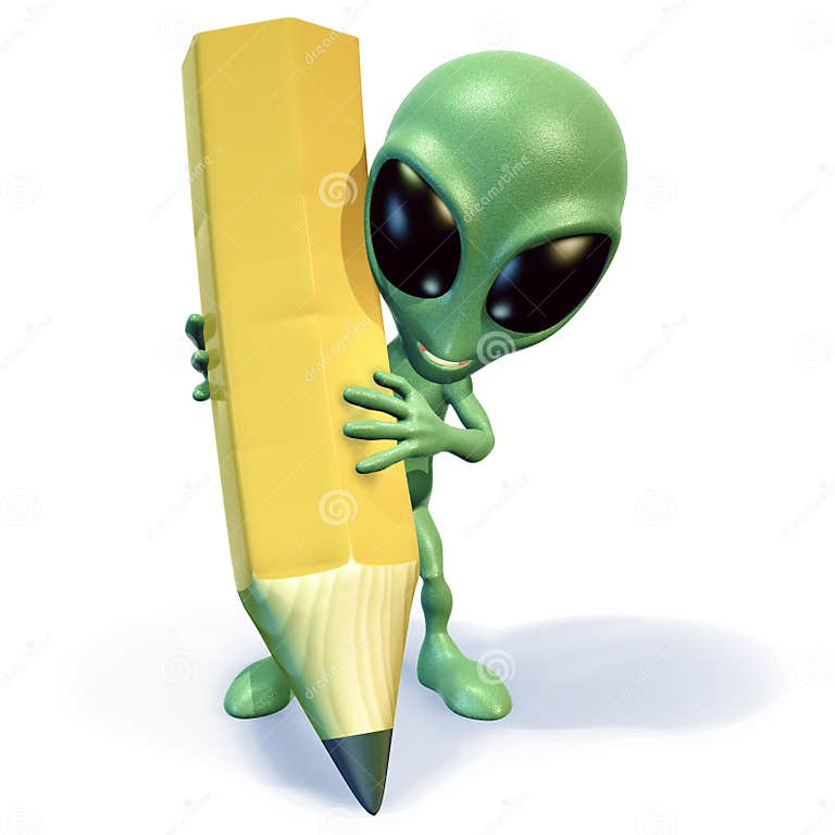 Alien with pencil stock illustration. Illustration of cartoon - 25340505