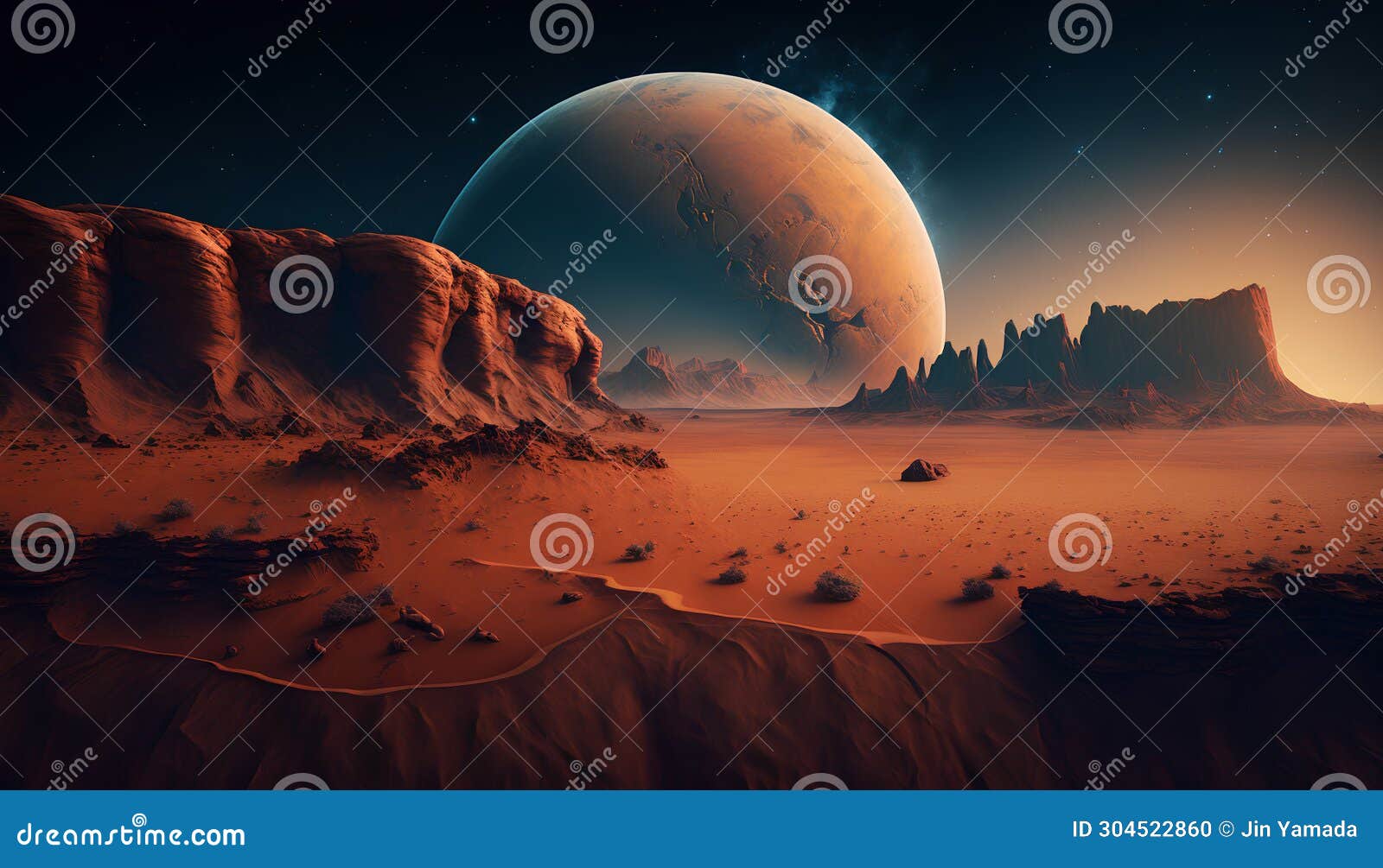 Alien Planet - 3D Rendered Computer Artwork. Rocks and Moon Stock ...