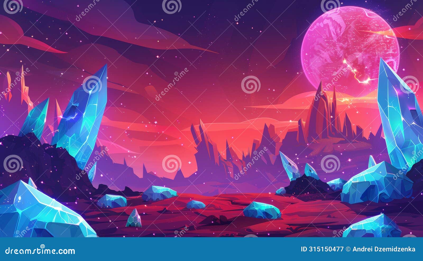 An Alien Planet Landscape with Red and Orange Rocky Surfaces, Blue ...