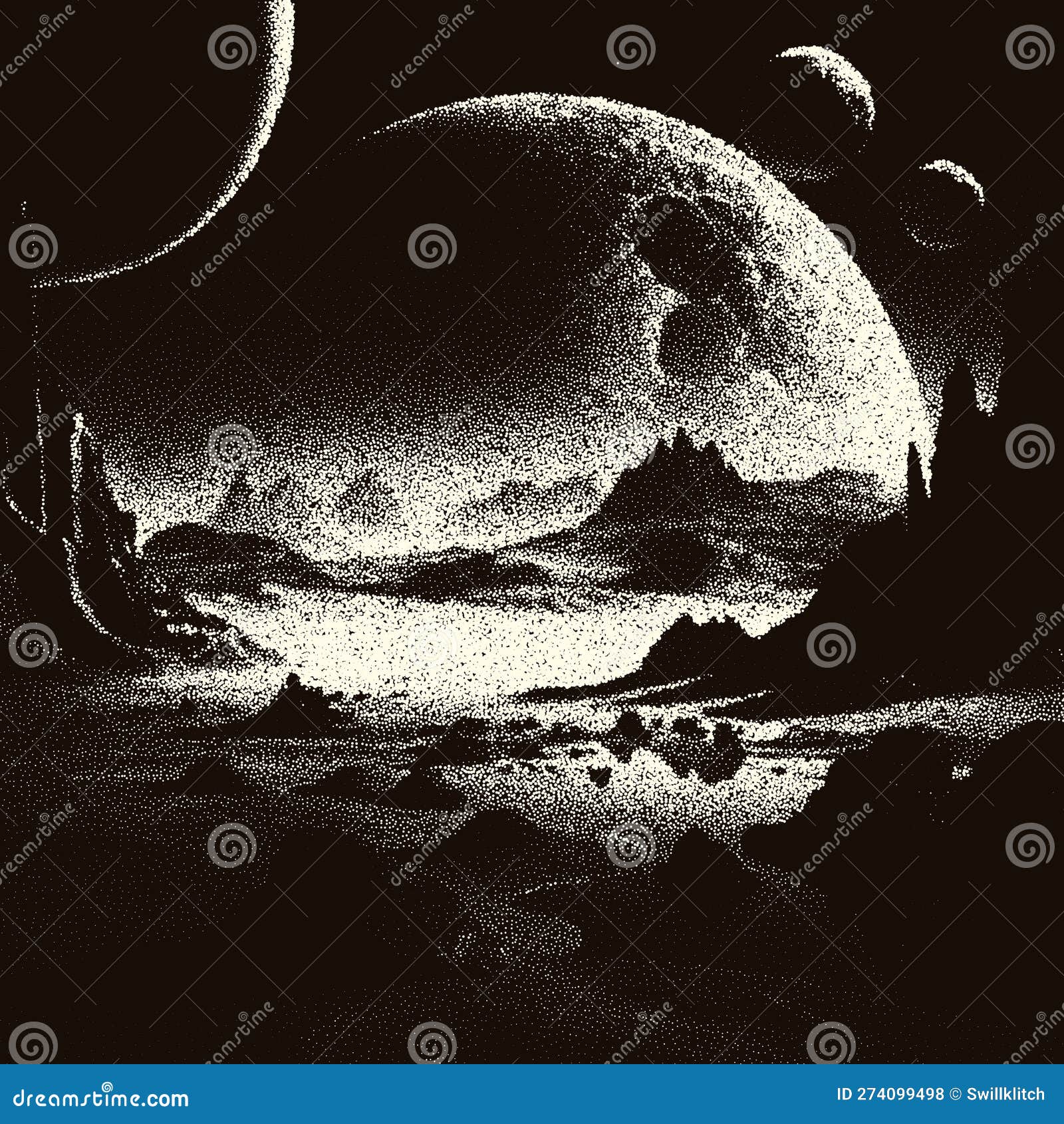 Alien Planet Landscape in Retro Dotwork Style. Planets and Satellites ...