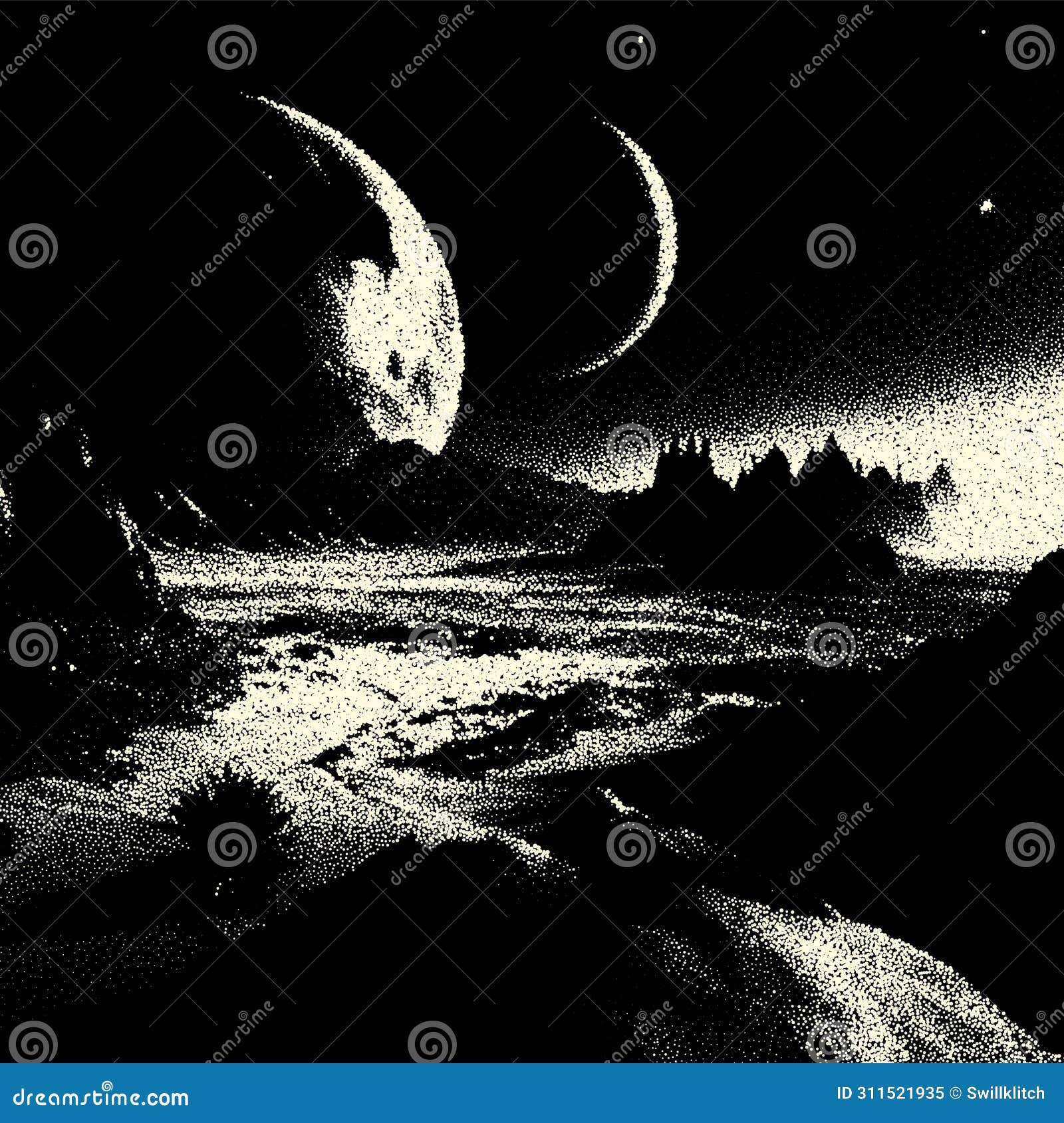 Alien Planet Landscape in Retro Dotwork Style. Planets and Satellites ...