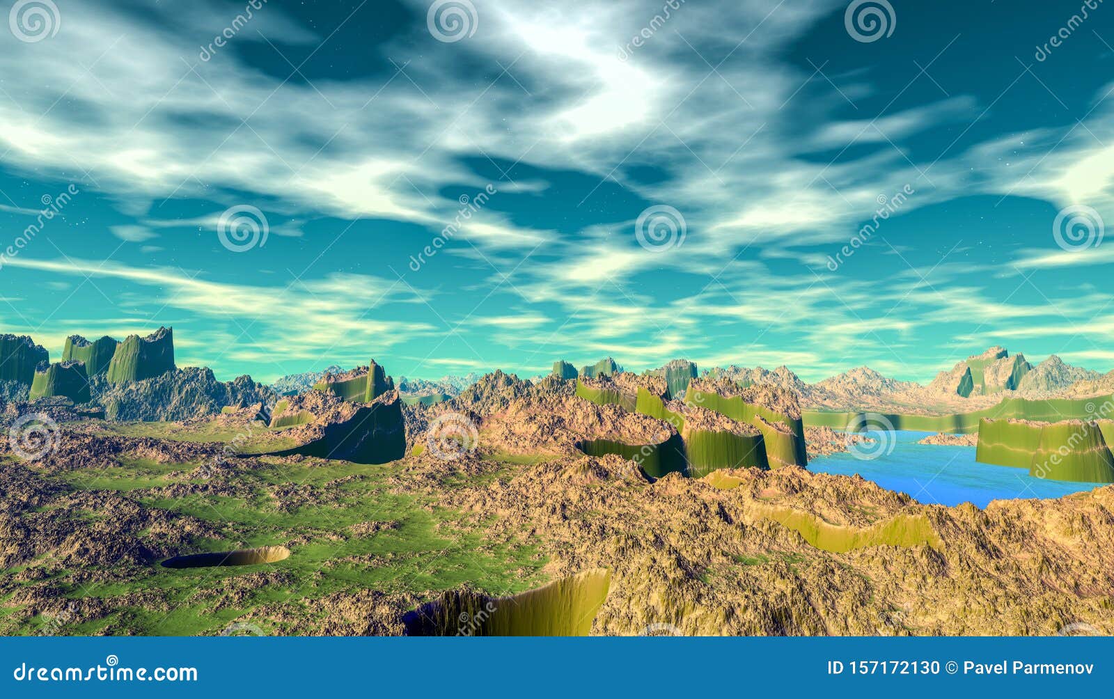 Alien Planet. Mountain and Lake. 3D Rendering Stock Illustration ...