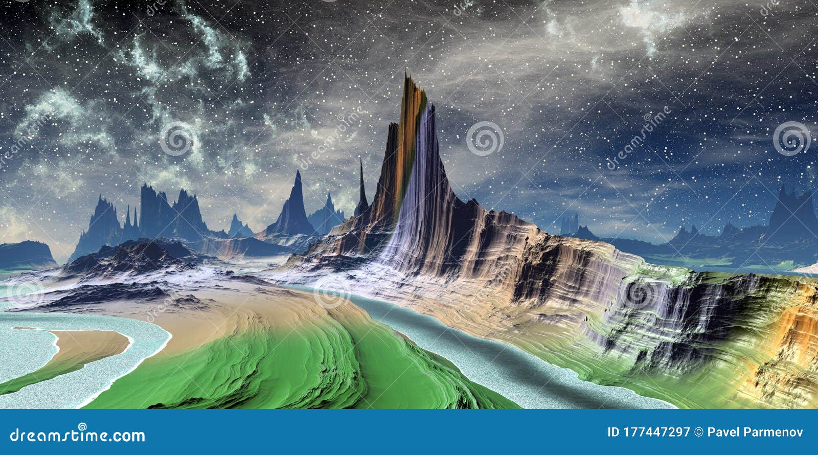 Alien Planet. Mountain and Lake. 3D Rendering Stock Illustration ...