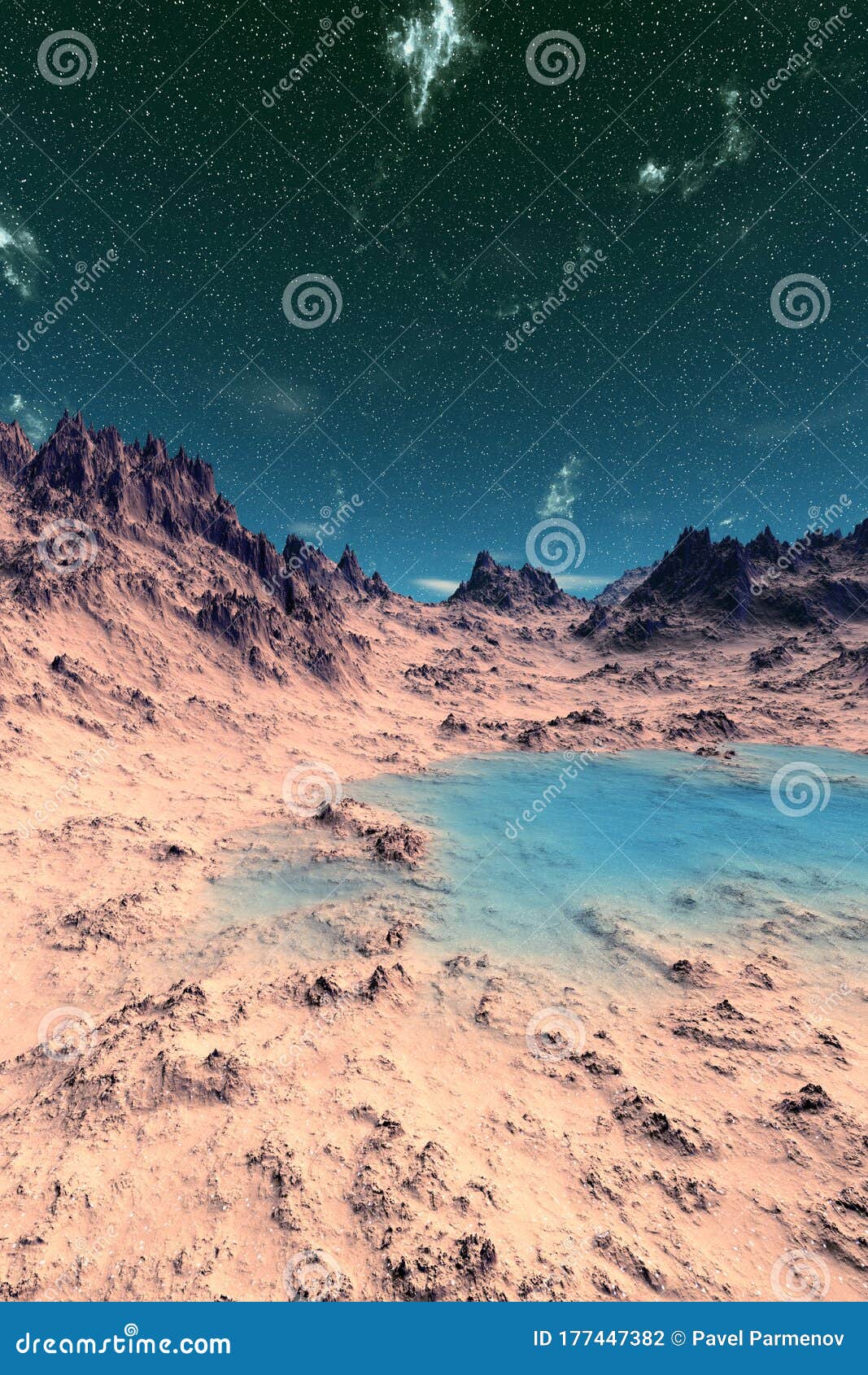 Alien Planet. Mountain and Lake. 3D Rendering Stock Illustration ...