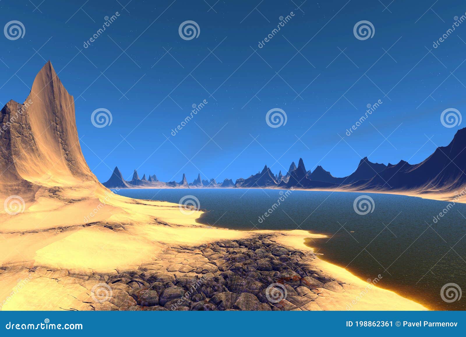 Alien Planet. Mountain and Lake. 3D Rendering Stock Illustration ...