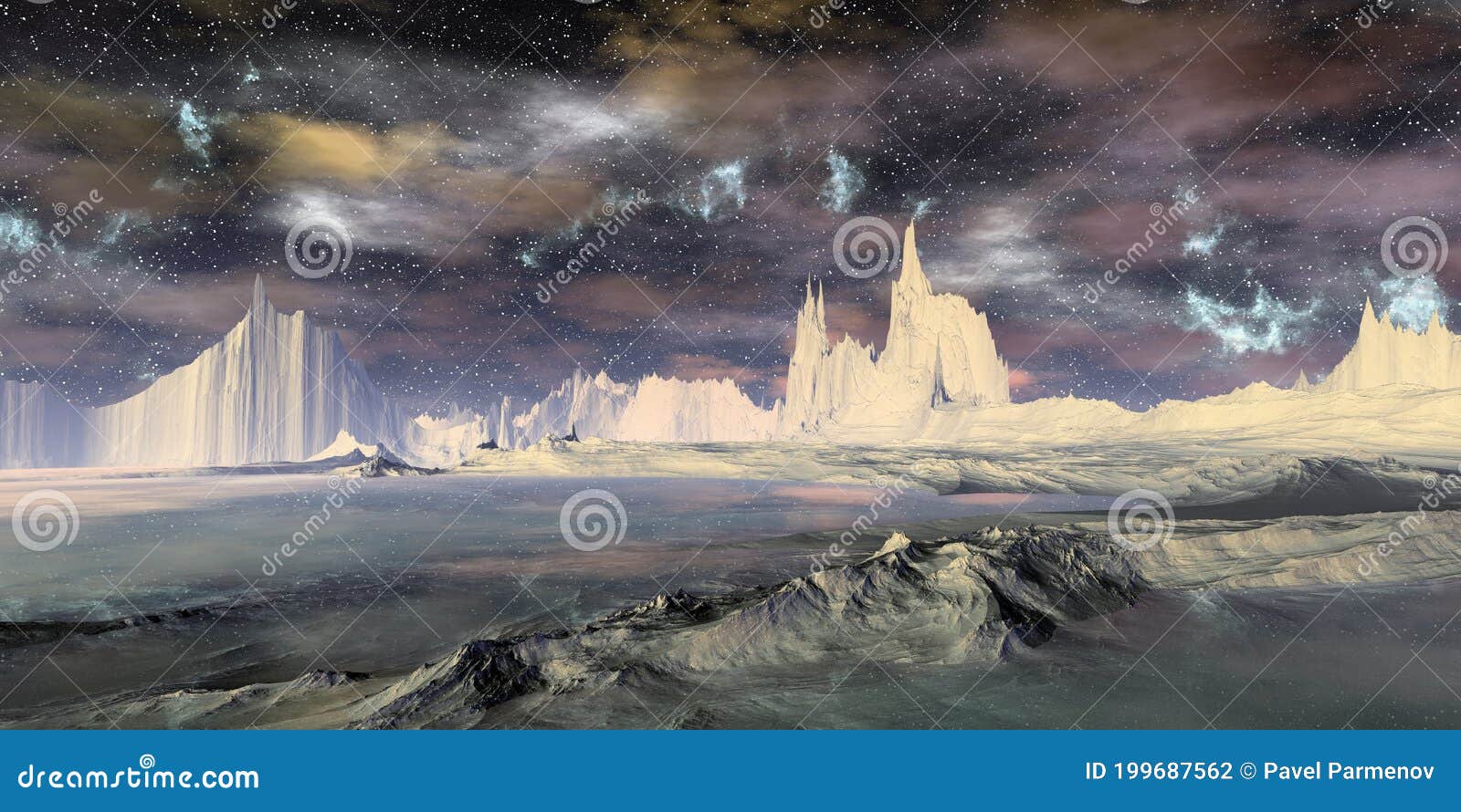 Alien Planet. Mountain and Lake. 3D Rendering Stock Illustration ...