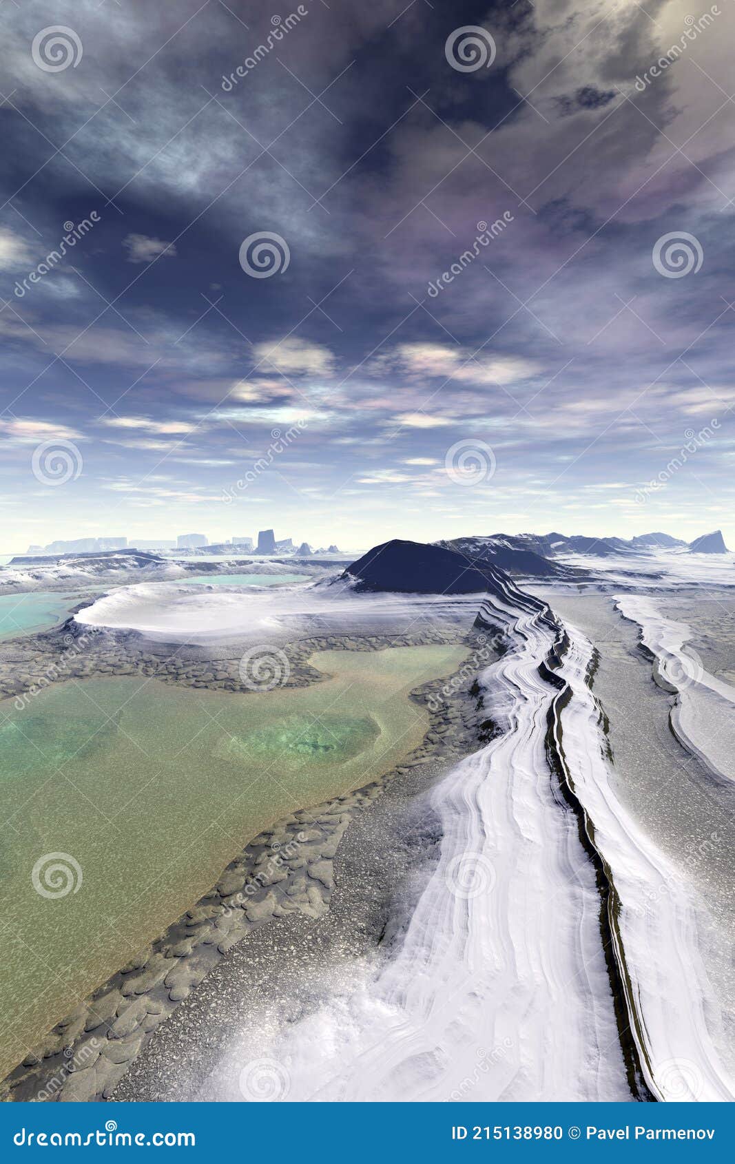 Alien Planet. Mountain and Lake. 3D Rendering Stock Illustration ...