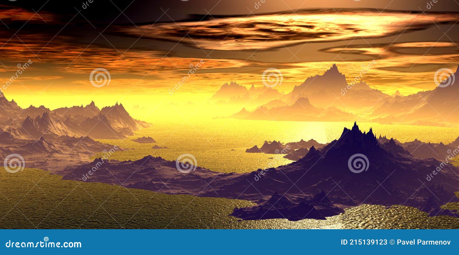 Alien Planet. Mountain and Lake. 3D Rendering Stock Illustration ...