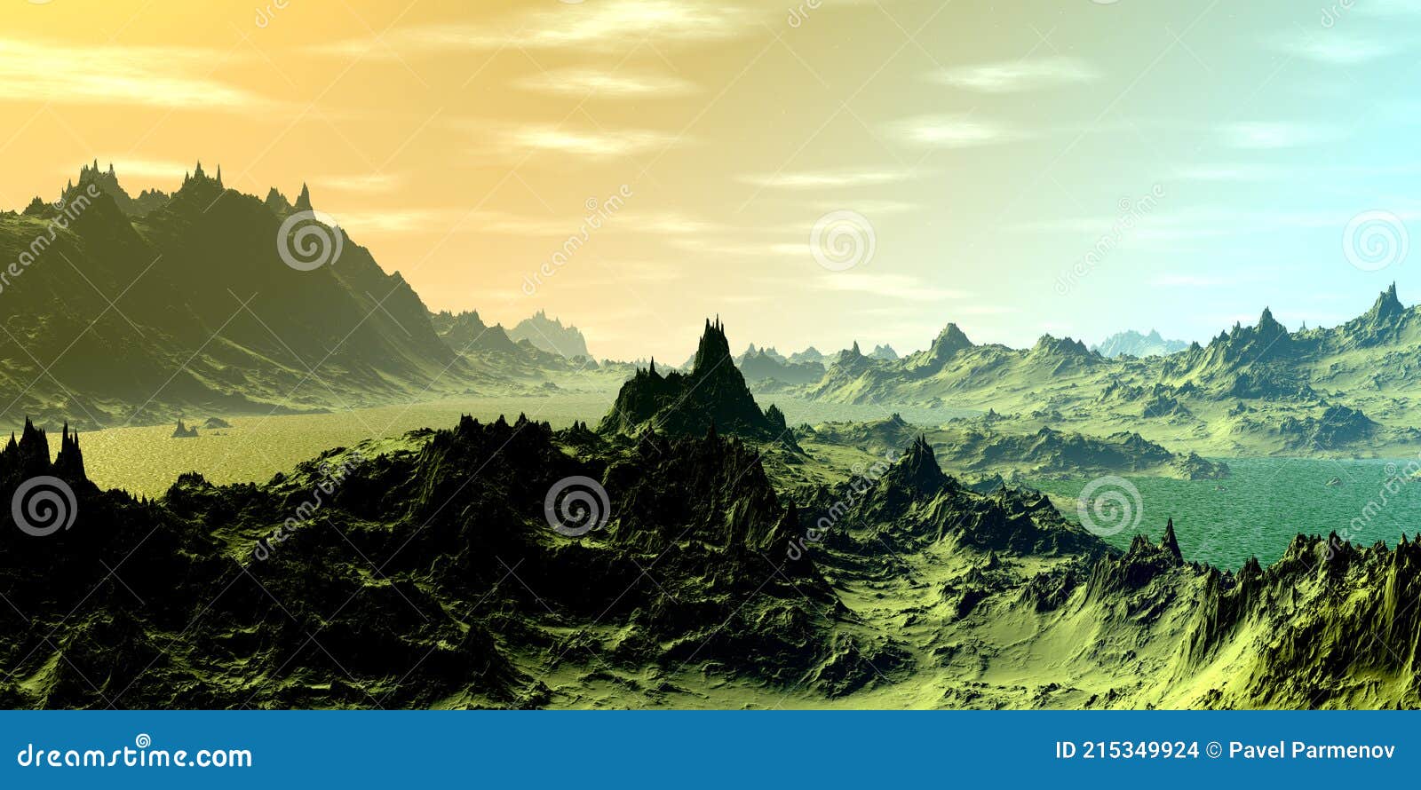 Alien Planet. Mountain and Lake. 3D Rendering Stock Illustration ...