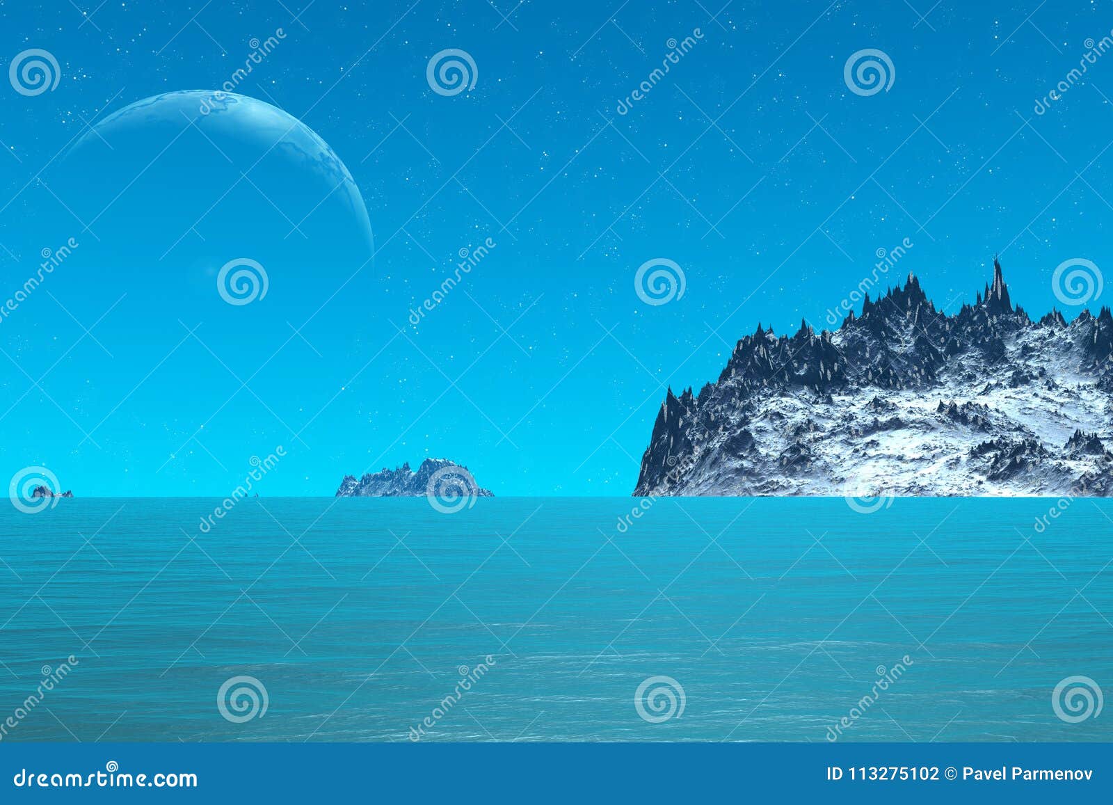 Alien Planet. Mountain and Water. 3D Rendering Stock Illustration ...