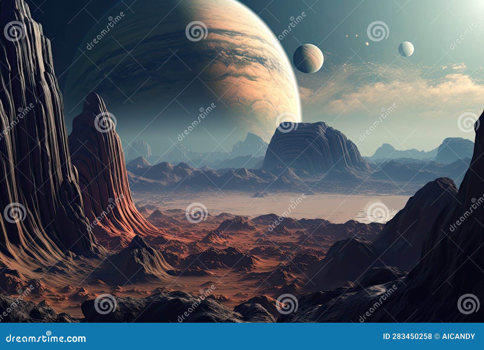 Alien Planet with Multiple Moons and a Towering Mountain Range, with a ...