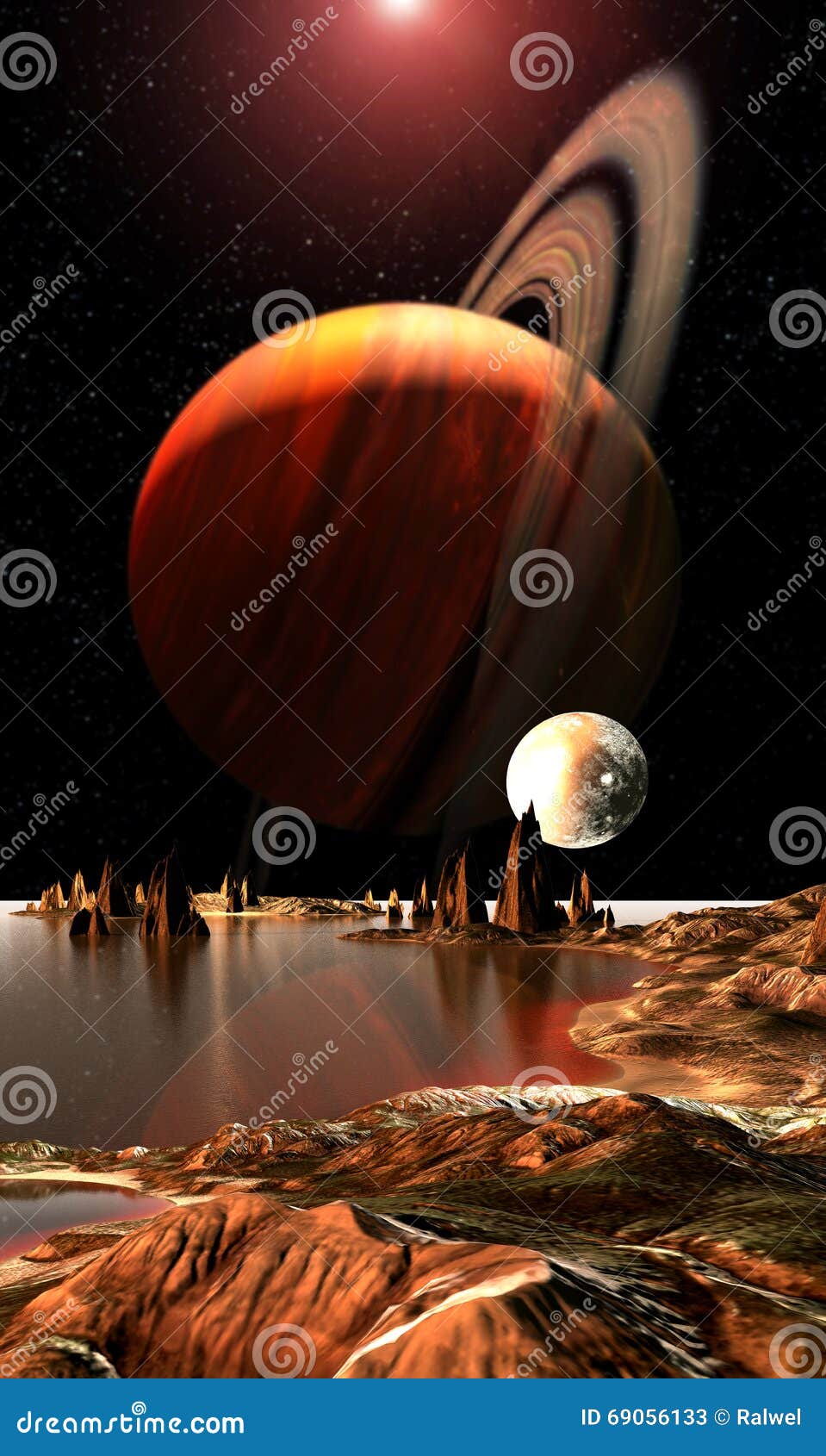 Alien Planet with Saturn, Moon and Mountains Stock Illustration ...